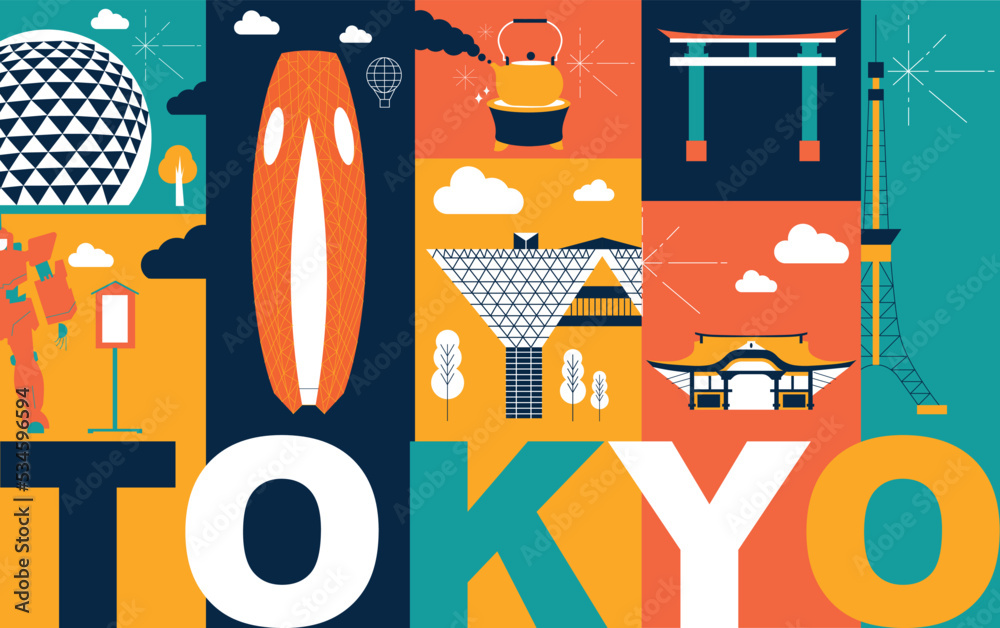 Typography word "Tokyo" branding technology concept. Collection of flat ...