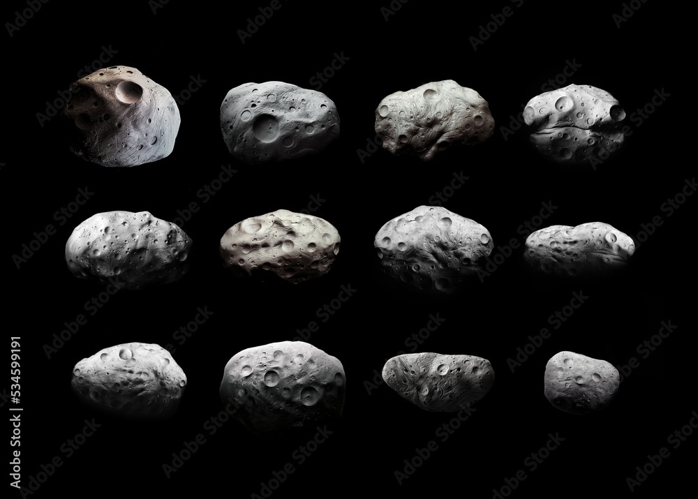 Foto de Collection of asteroids and space stones. Asteroids of different sizes and shapes ...