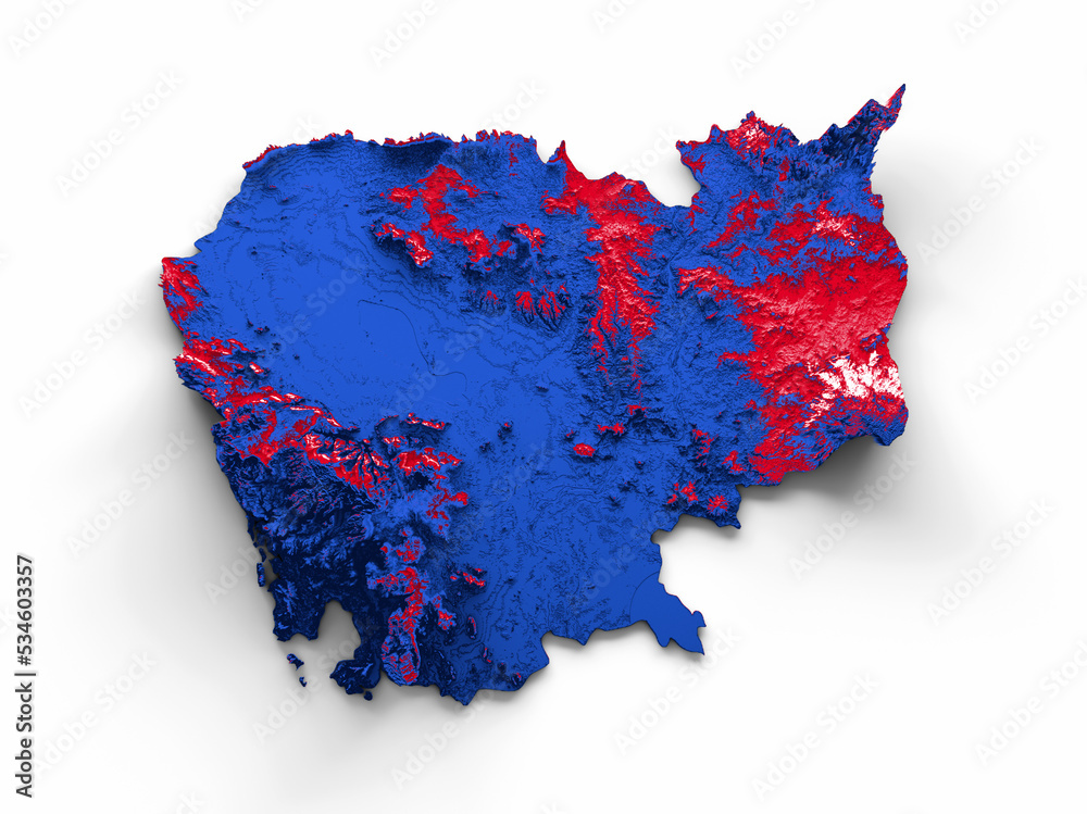Cambodia map with the flag Colors Red and Blue Shaded relief map 3d ...