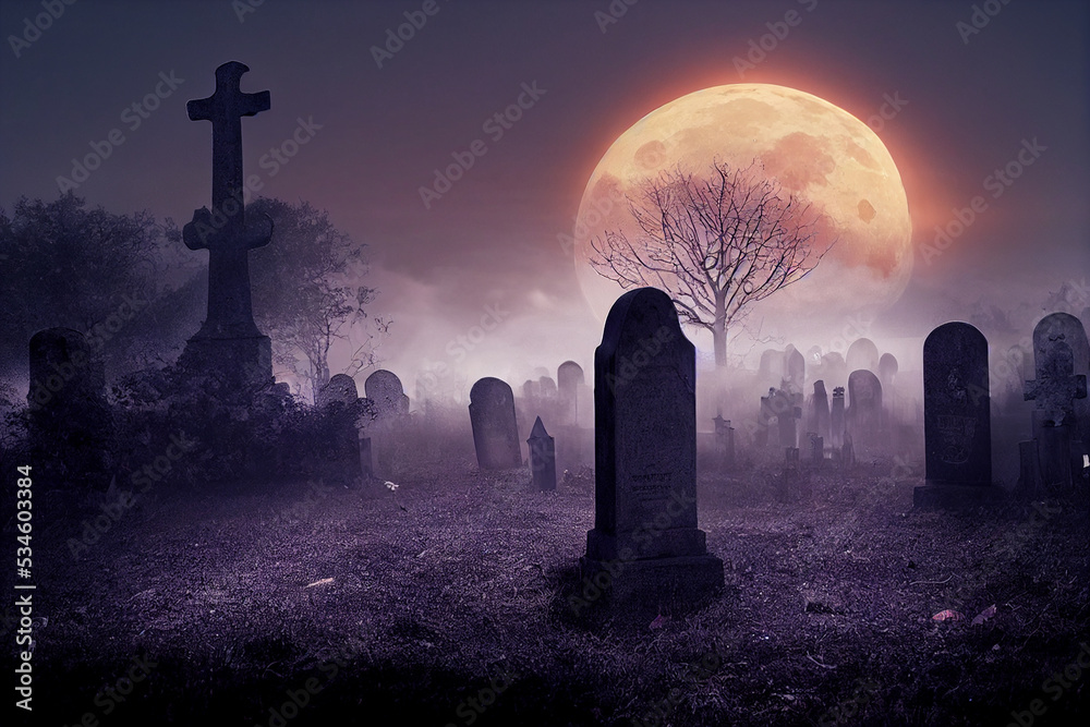 3d illustration of Spooky graveyard at Halloween. Stock Illustration | Adobe Stock