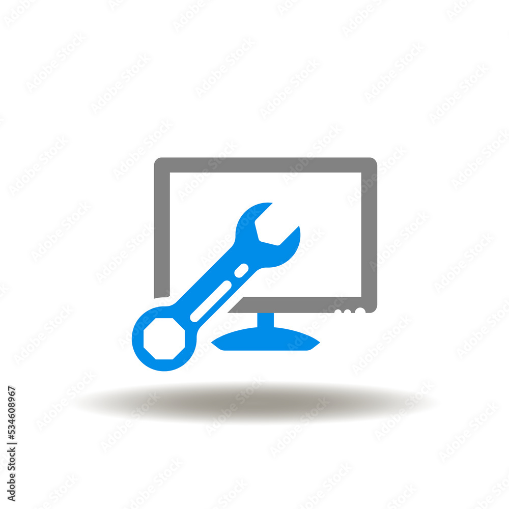 Vector illustration of computer monitor with wrench. Icon of upgrade ...