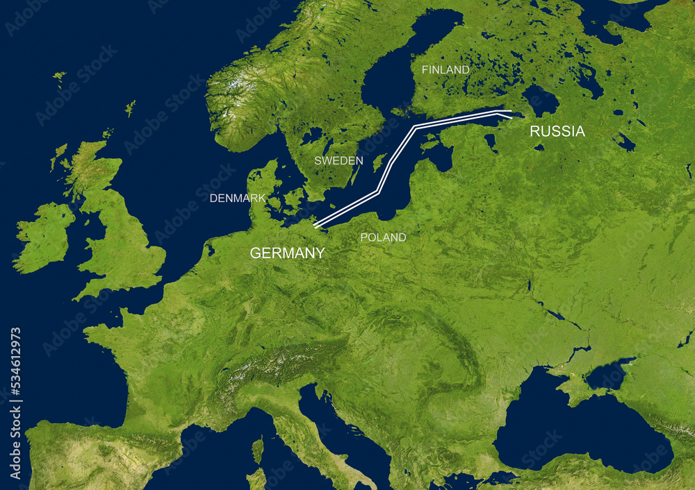 Nord Stream 1 and 2 on Europe map. Elements of this image furnished by ...