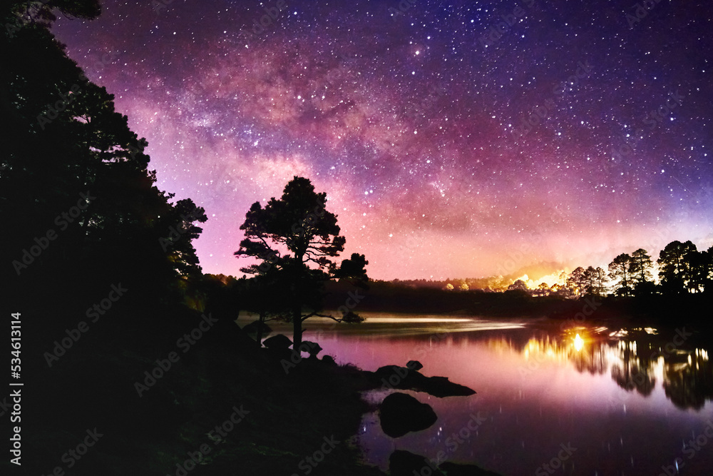 lake at night with milky way in the sky, dark sky with million of stars ...
