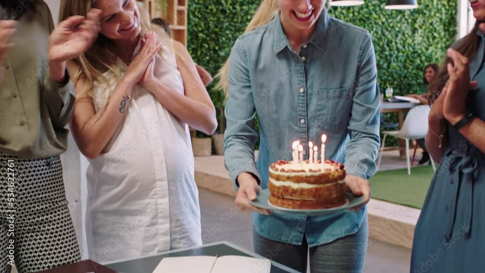 Women, birthday cake and office success celebration for Brazilian woman ...