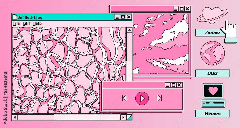Set of retro user interface elements for UX and UI design. Vaporwave Y2K style illustration in ...
