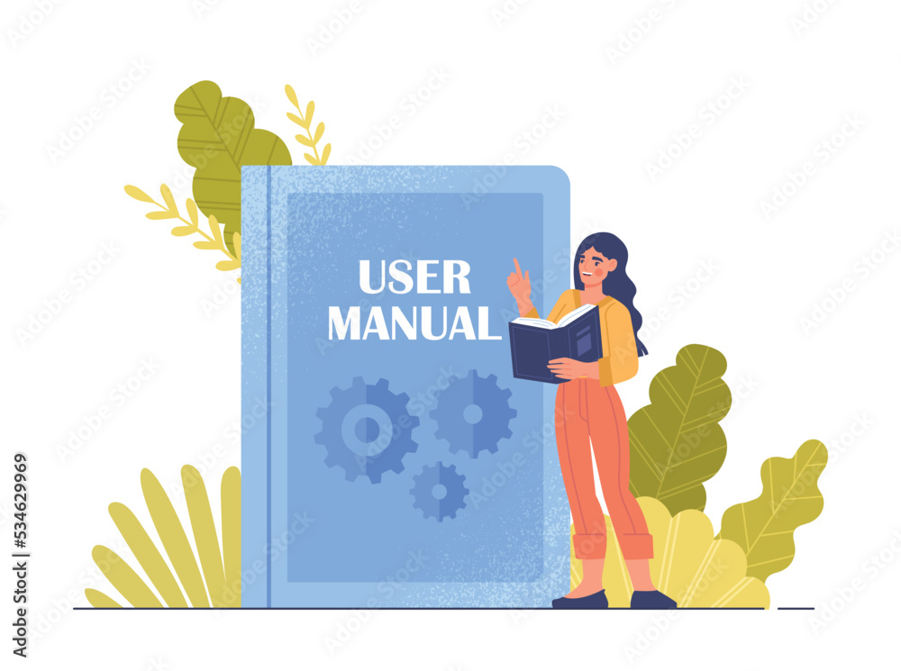 User manual concept. Young girl reads instructions for using product ...