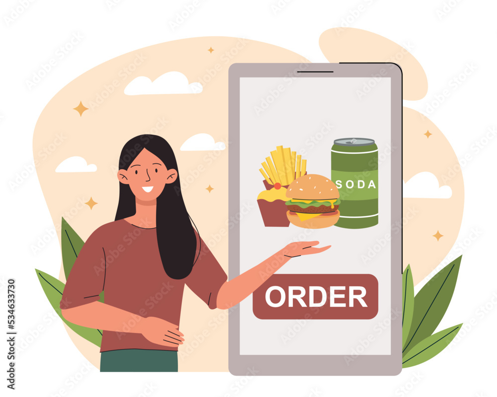 Ordering fast food. Online shopping and home delivery. Young girl ...