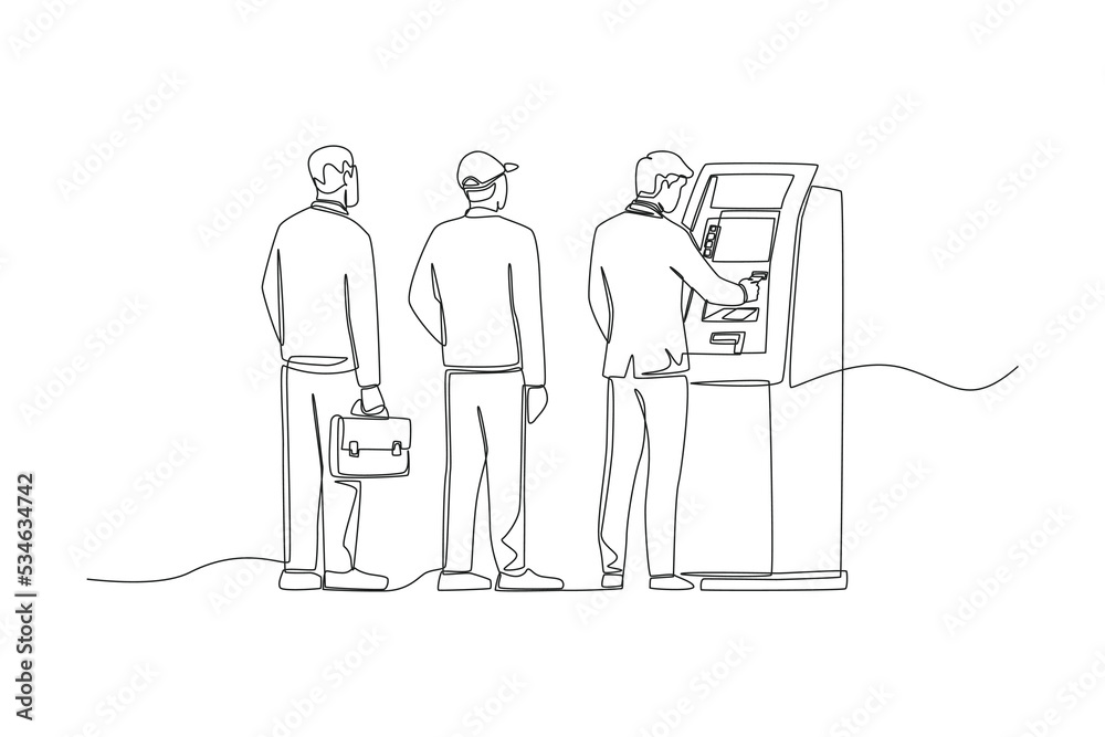 Vetor de Continuous one line drawing men queuing at the ATM machine. ATM machine concept. Single ...