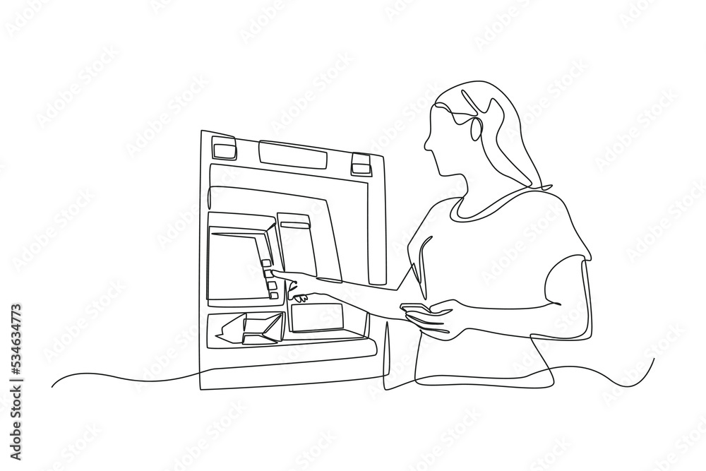 Continuous one line drawing businesswoman doing transaction at the ATM ...