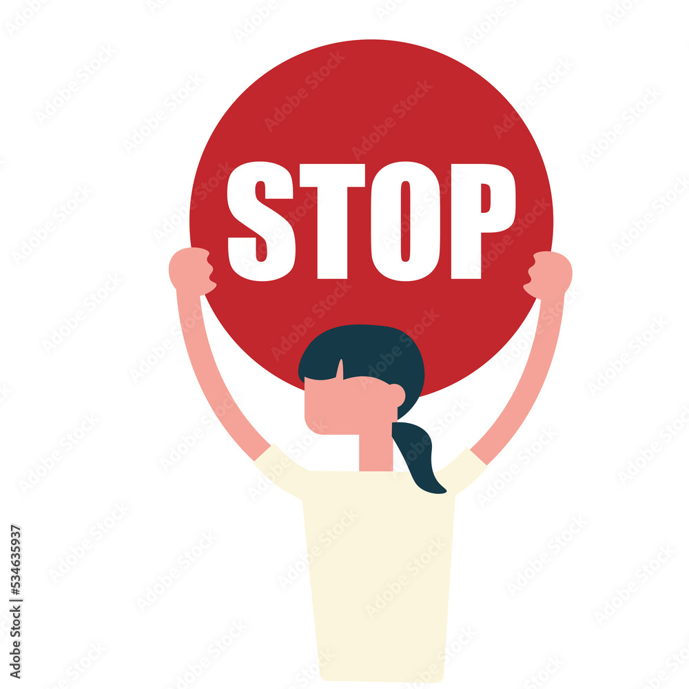 Vector flat illustration of girl woman rise hands holding red round ...