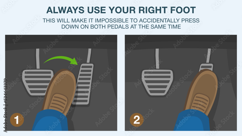 Vetor de Safe driving rules and tips. Always use your right foot ...