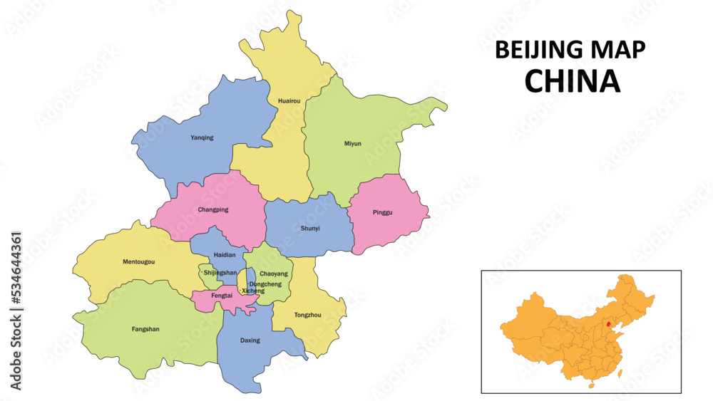 Beijing Map of China. State and district map of Beijing. Detailed colorful map of Beijing. Stock ...