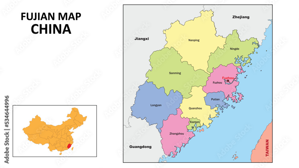 Fujian Map of China. State and district map of Fujian. Political map of ...