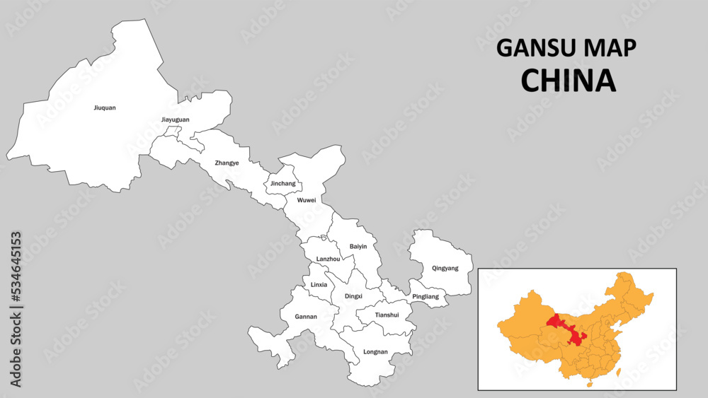 Gansu Map of China. State and district map of Gansu. Administrative map ...