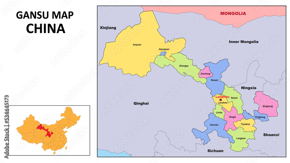 Gansu Map of China. State and district map of Gansu. Political map of ...