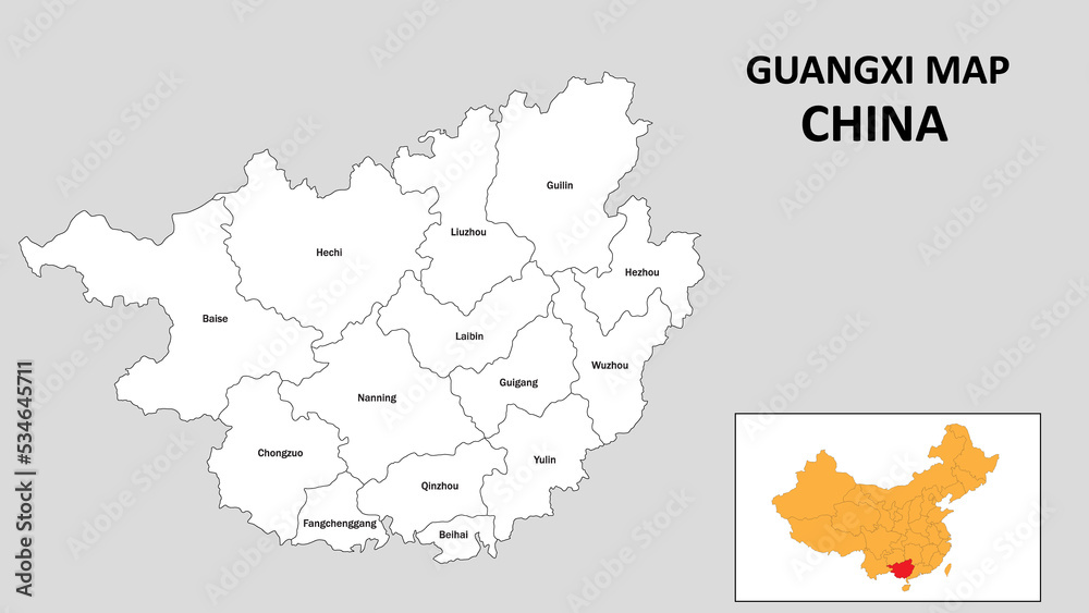 Guangxi Map of China. State and district map of Guangxi. Administrative ...