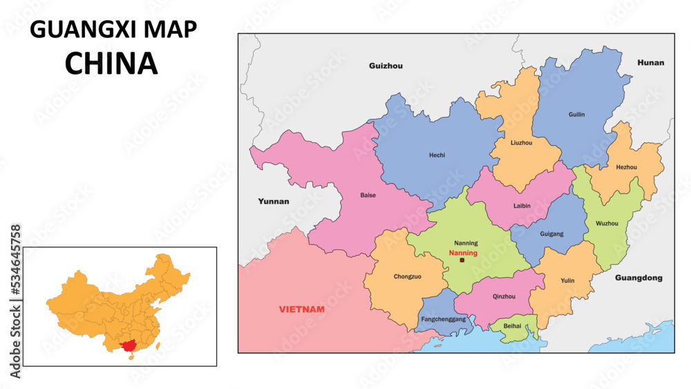 Guangxi Map of China. State and district map of Guangxi. Political map ...