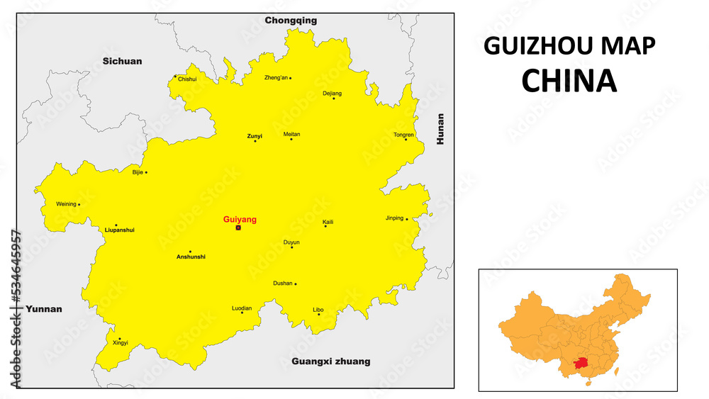 Fototapeta mapa świata dla dzieci Guizhou Map of China. Major city map ...