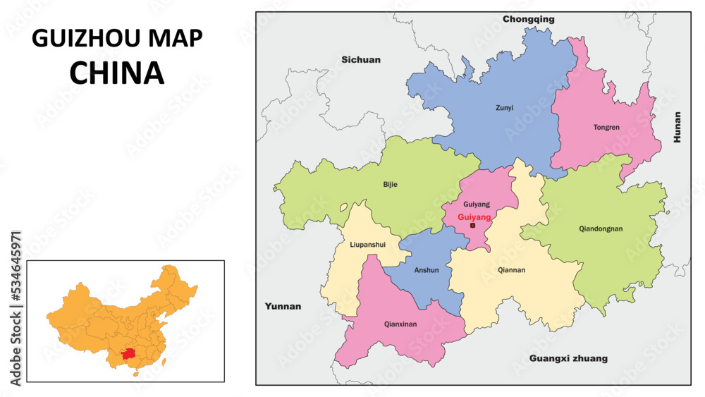Guizhou Map of China. State and district map of Guizhou. Political map ...