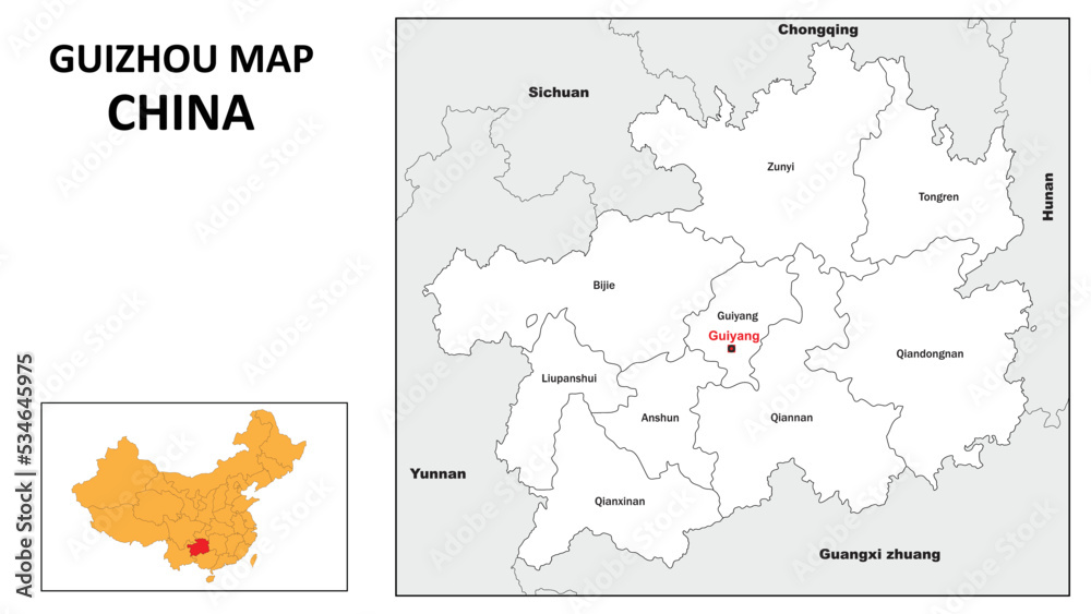 Guizhou Map of China. State and district map of Guizhou. Administrative ...