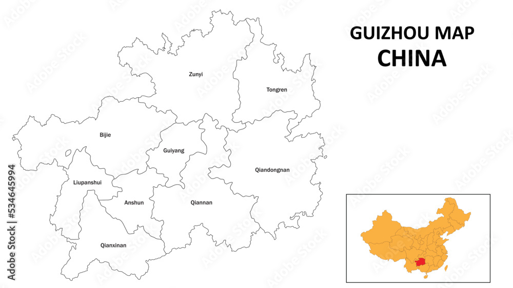 Guizhou Map of China. State and district map of Guizhou. Administrative ...