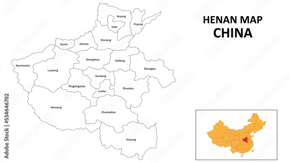 Henan Map of China. State and district map of Henan. Administrative map ...