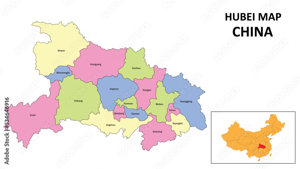 Hubei Map of China. State and district map of Hubei. Detailed colorful ...