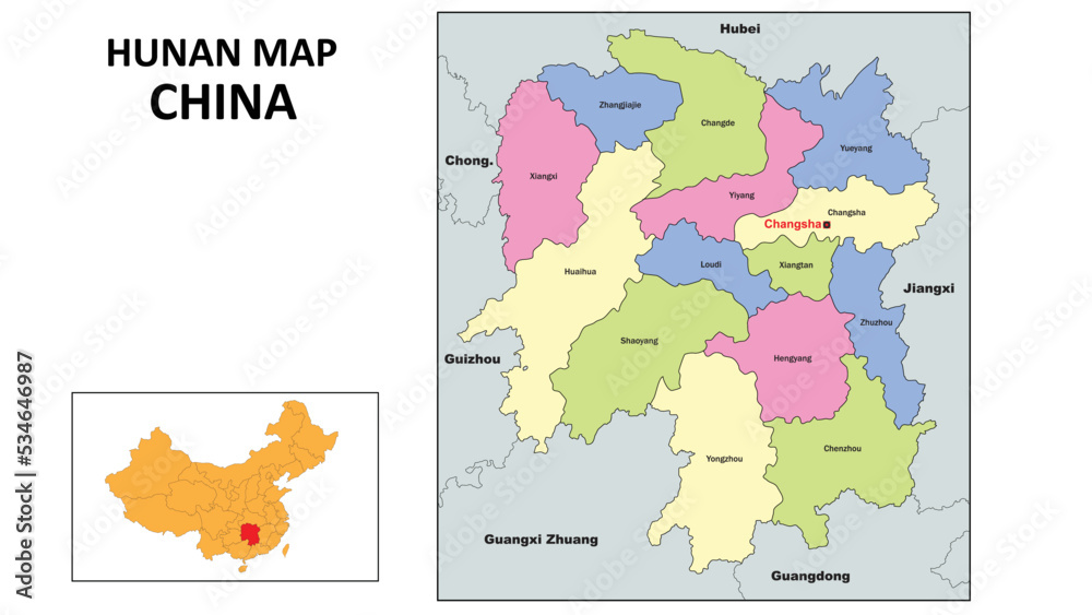 Hunan Map of China. State and district map of Hunan. Political map of ...