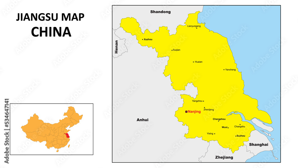 Fototapeta mapa świata dla dzieci Jiangsu Map of China. Major city map ...