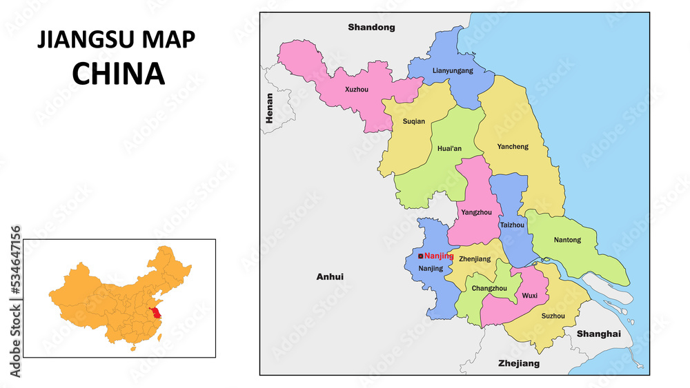 Jiangsu Map of China. State and district map of Jiangsu. Political map ...