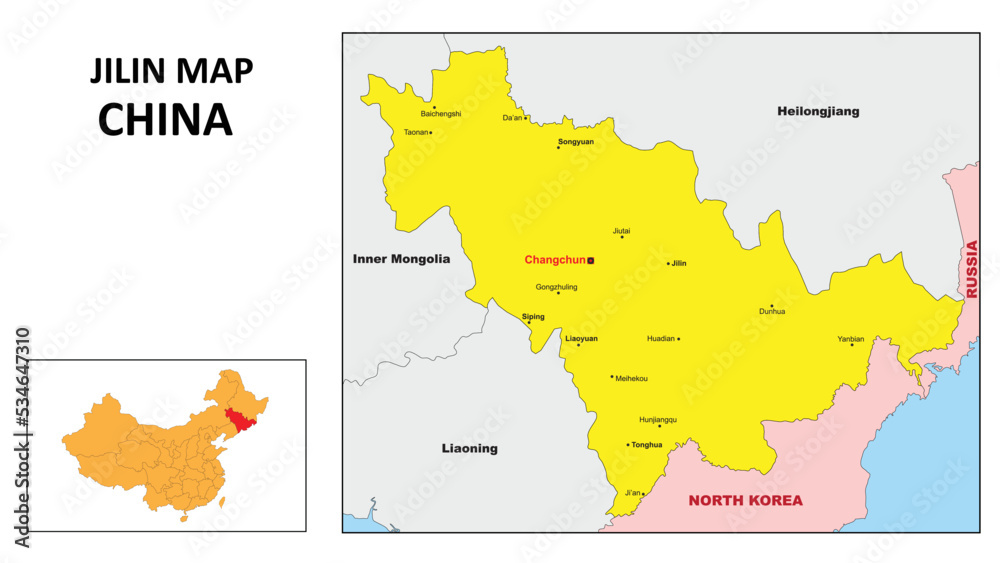 Jilin Map of China. Major city map of Jilin. Political map of Jilin ...