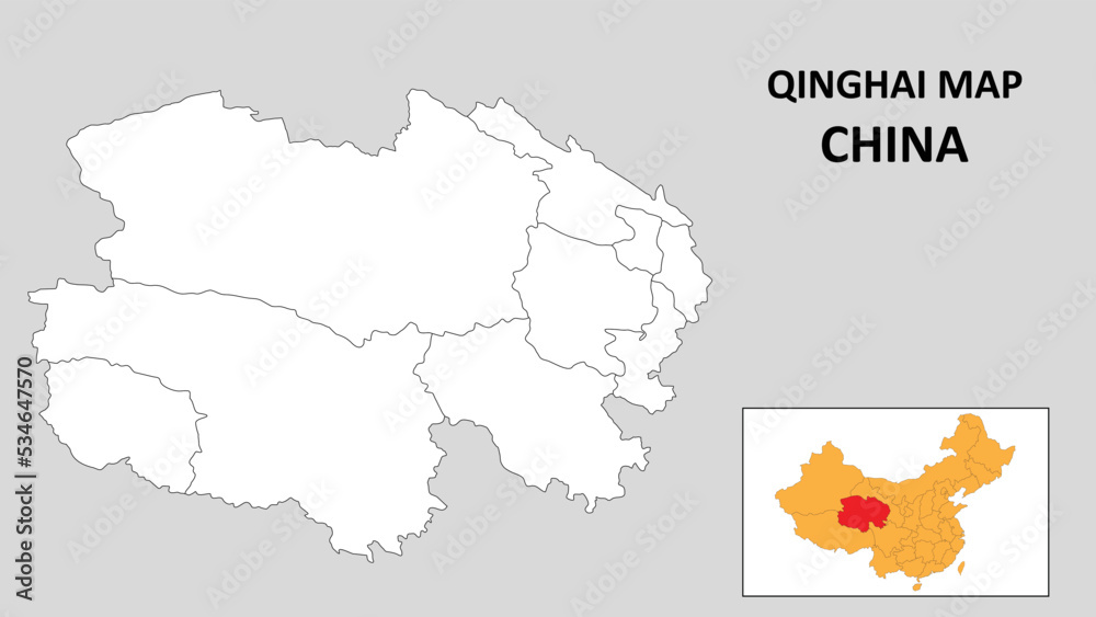 Qinghai Map of China. Outline the state map of Qinghai. Political map of Qinghai with a black ...