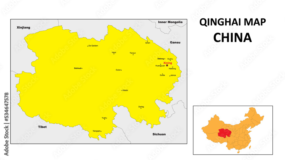 Qinghai Map of China. Major city map of Qinghai. Political map of ...