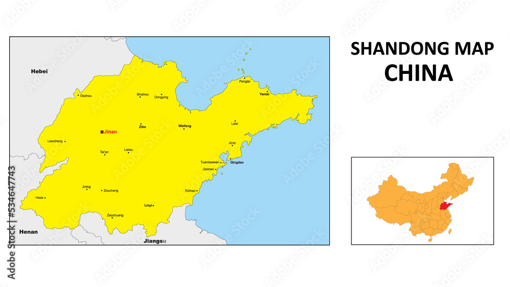 Fototapeta mapa świata dla dzieci Shandong Map of China. Major city map ...