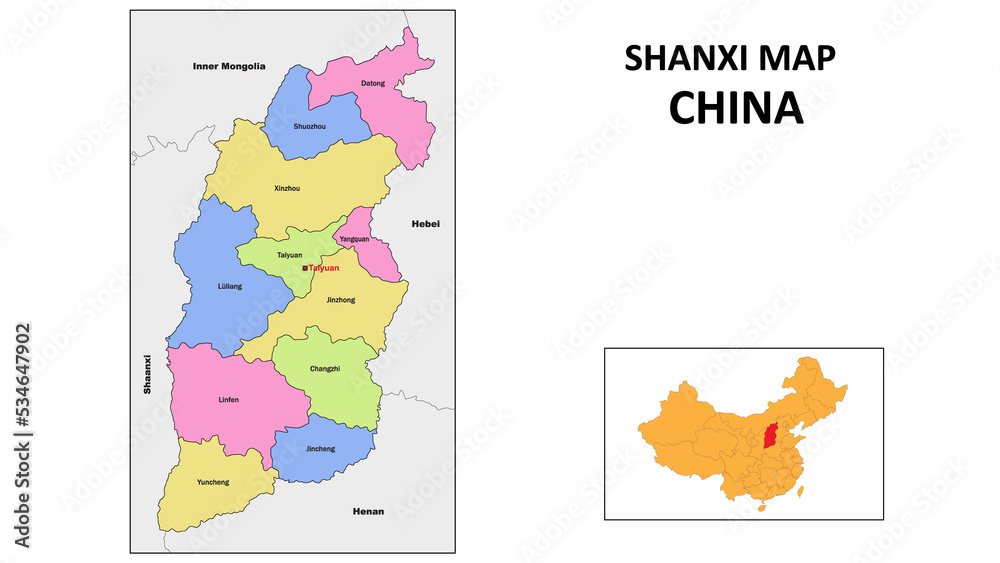 Shanxi Map of China. State and district map of Shanxi. Political map of ...