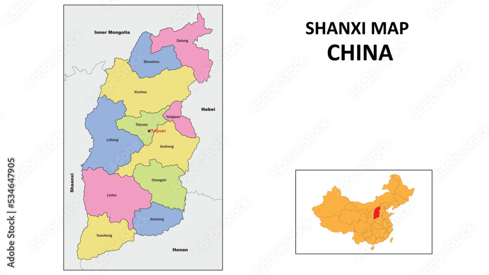Shanxi Map of China. State and district map of Shanxi. Political map of ...