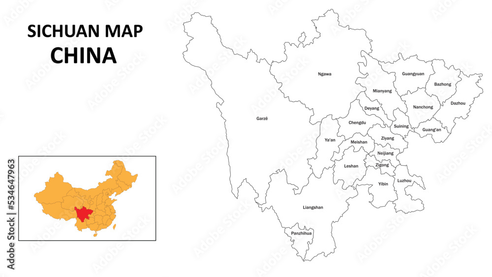 Sichuan Map of China. State and district map of Sichuan. Administrative ...