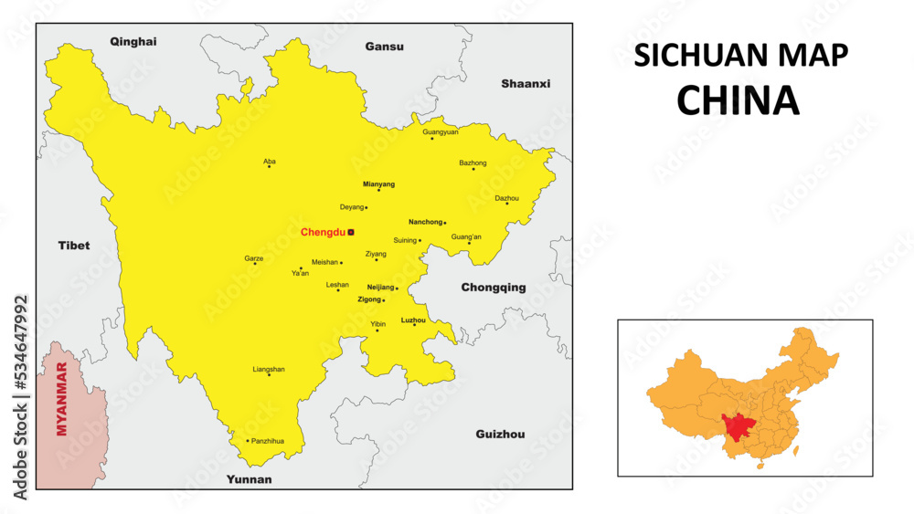 Sichuan Map of China. Major city map of Sichuan. Political map of ...