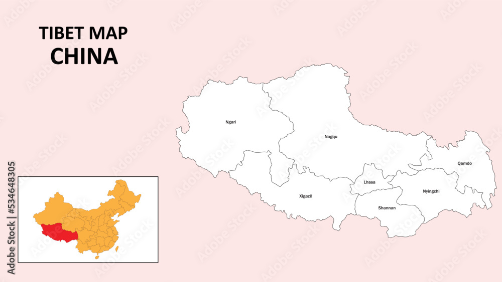 Tibet Map of China. State and district map of Tibet. Administrative map ...