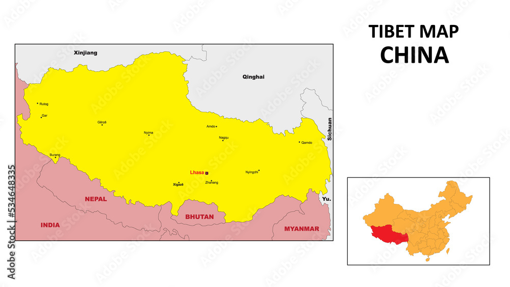 Tibet Map of China. Major city map of Tibet. Political map of Tibet ...