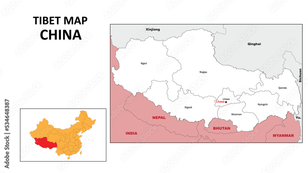 Tibet Map of China. State and district map of Tibet. Administrative map ...