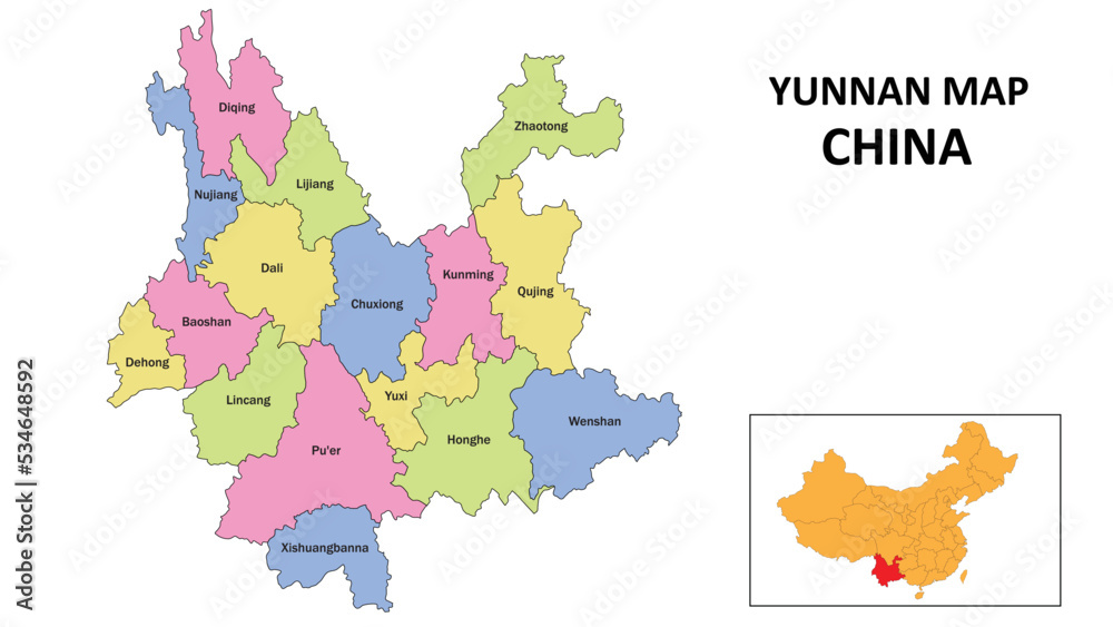 Yunnan Map of China. State and district map of Yunnan. Detailed ...