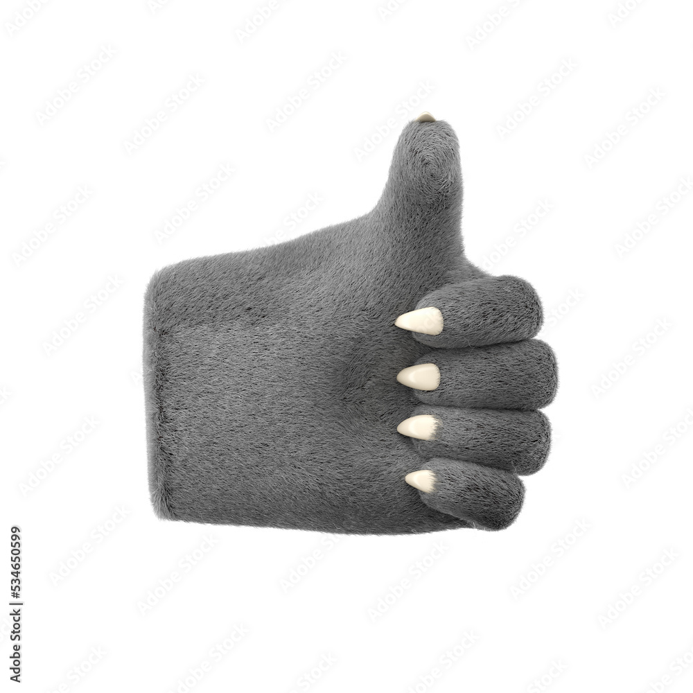 3d furry wolf hands in plastic cartoon style. Thumb up fingers gesture ...