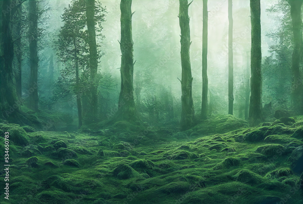 Stockillustratie An ancient mysterious forest in the fog. Moss-covered trees and clearings ...