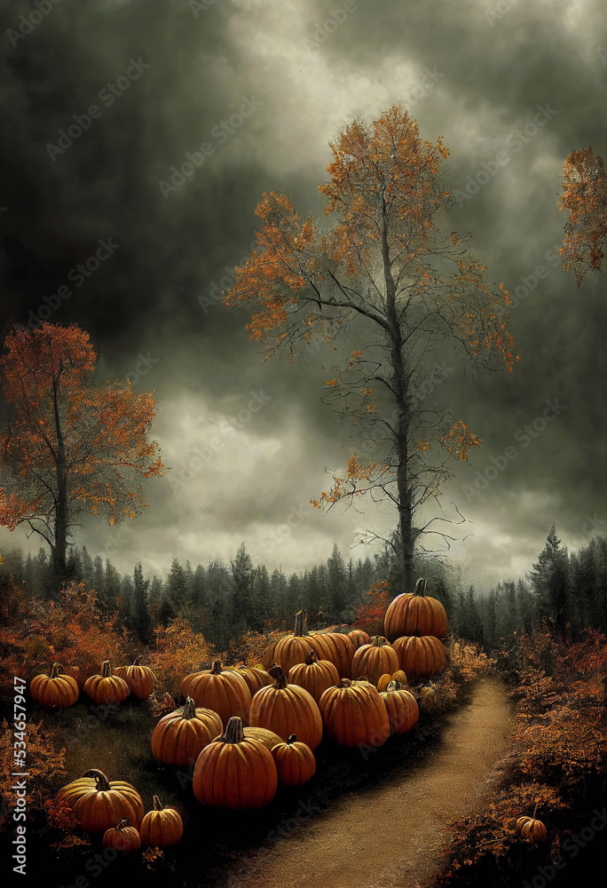 Autumn forest trail with pumpkins on the roadside and dark dramatic ...