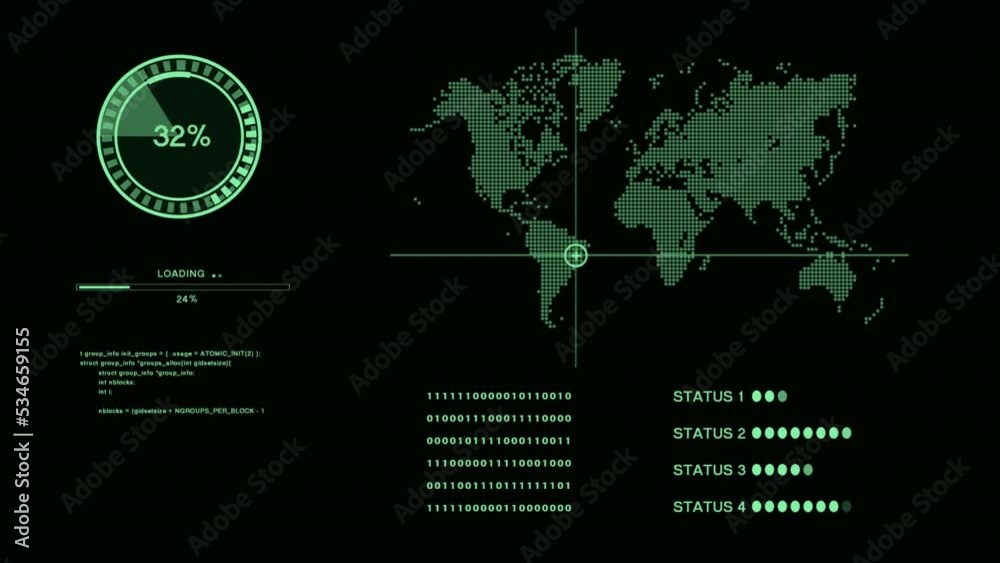 Green 2D digital HUD status bar and random binary code highlighting on ...