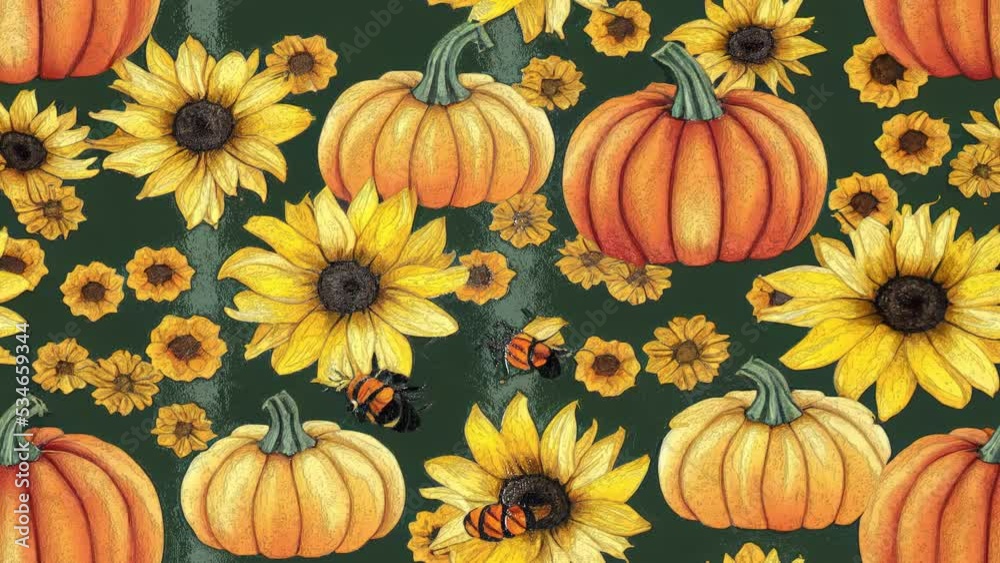Fall seamless looping animation with pumpkins and bees on cream ...