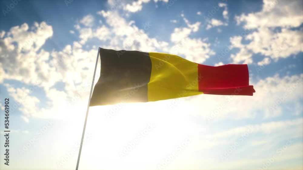 Drapeau 3D de la Belgique flottant au vent devant un ciel bleu vídeo de ...