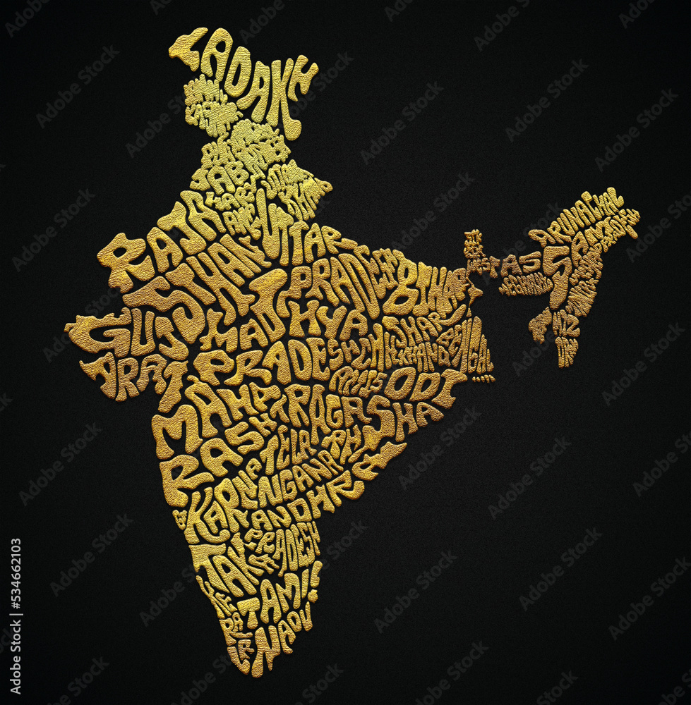 Calligraphic state map of india in golden design Stock Illustration ...