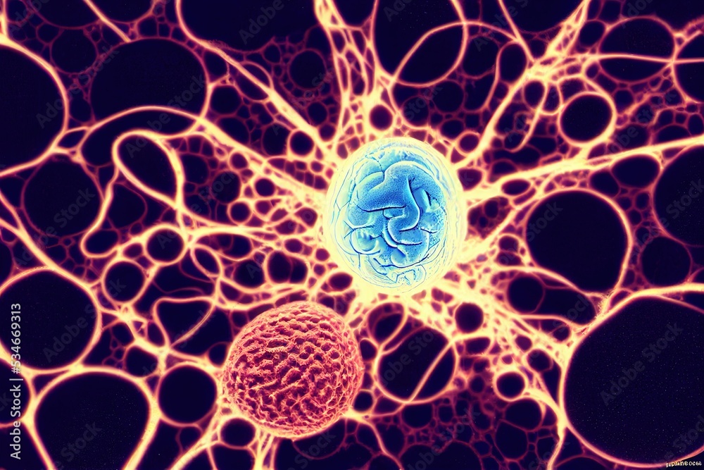 Process in human brain cells. Neurons under microscope. Processing and ...